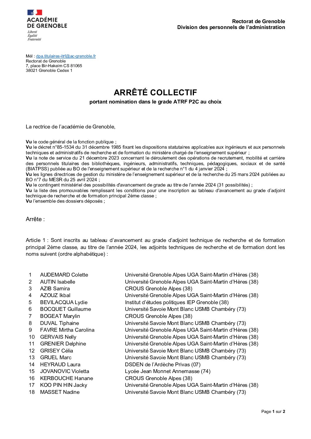 Grenoble Arreté collectif 2024 ATRF P2C-1 2 – UNSA-ITRF-BI-O – Le Syndicat de la clarté et de la ...